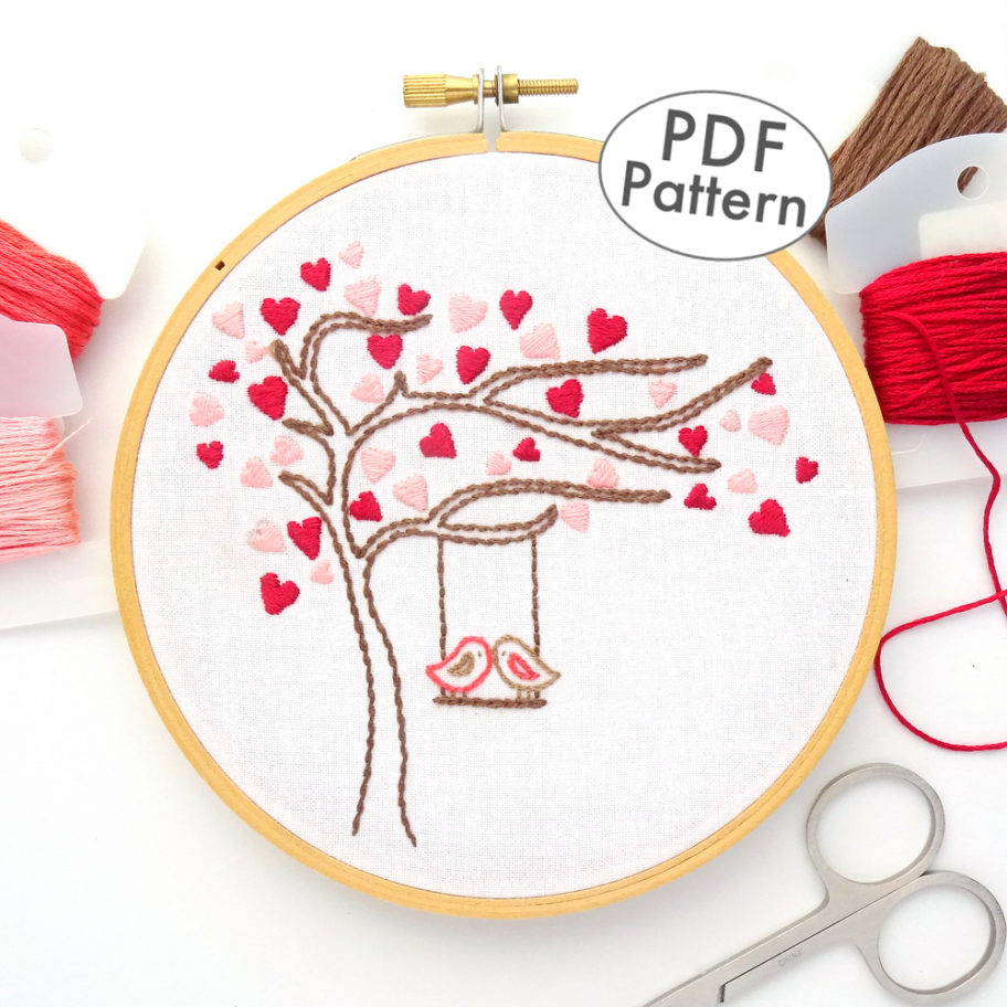 Love Birds Heart Tree Hand Embroidery Pattern - Wandering Threads ...