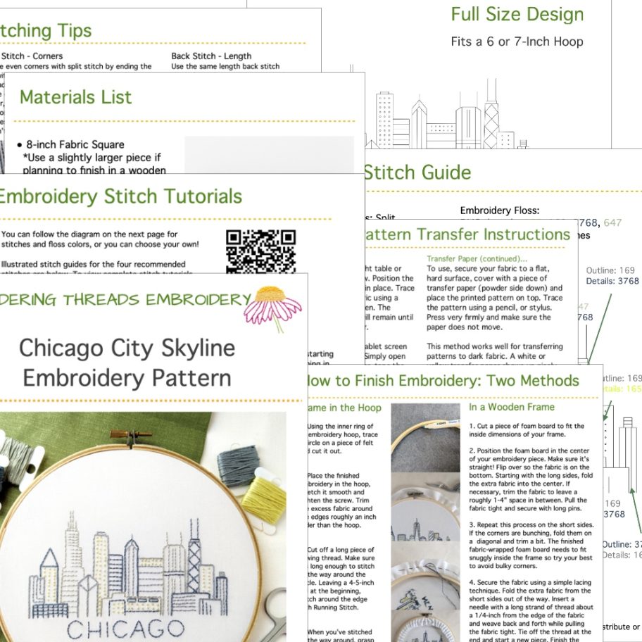Chicago Skyline Hand Embroidery Pattern - Wandering Threads Embroidery
