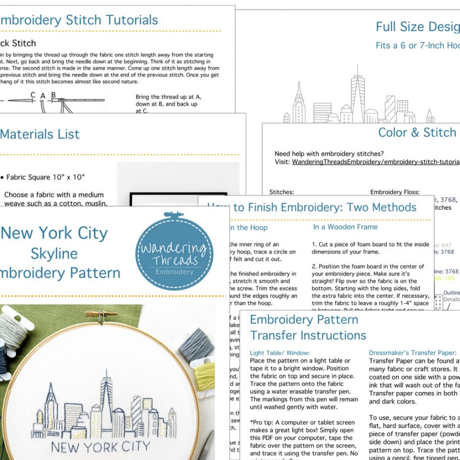 New York City Skyline Hand Embroidery Pattern - Wandering Threads ...