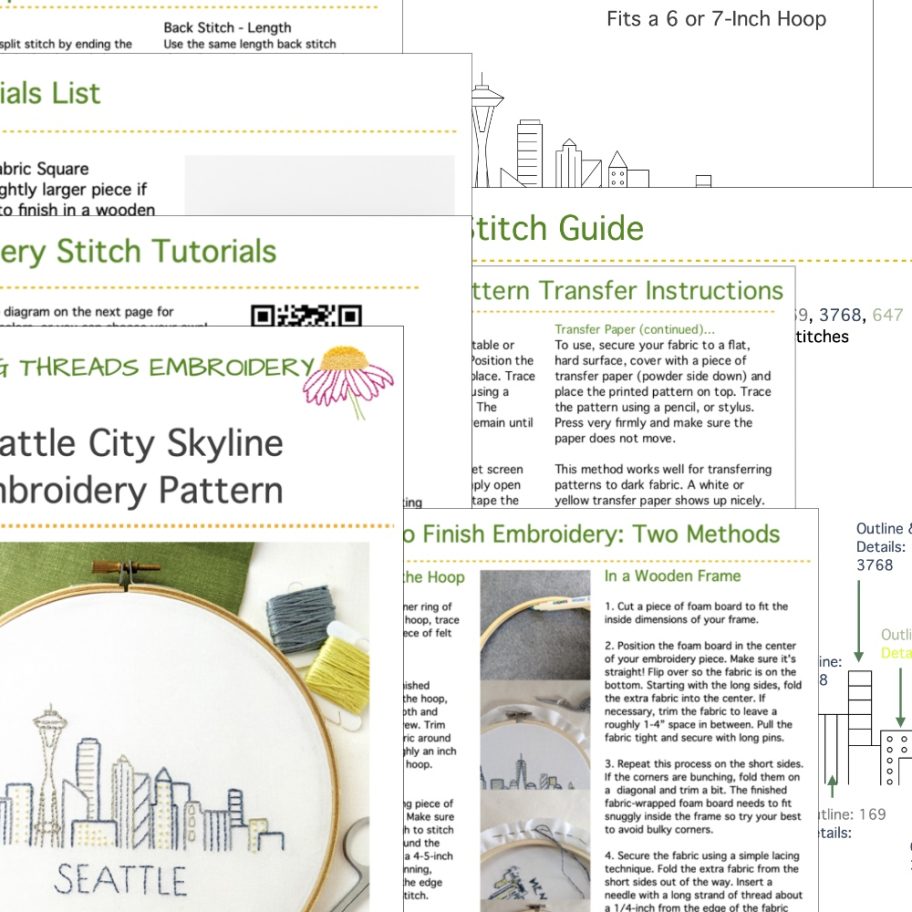 Seattle City Skyline Hand Embroidery Pattern - Wandering Threads Embroidery