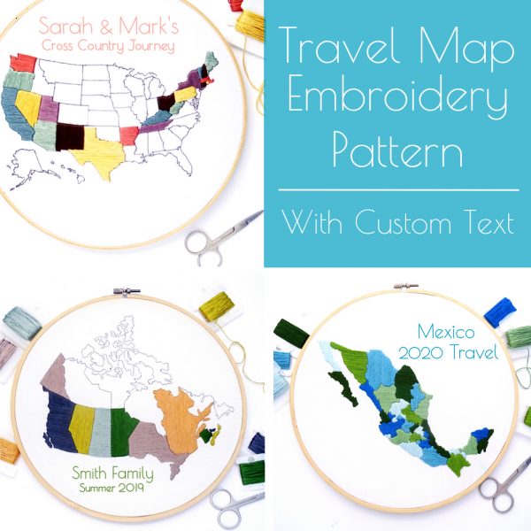 Travel Map Hand Embroidery Pattern with Custom Text - Wandering Threads ...