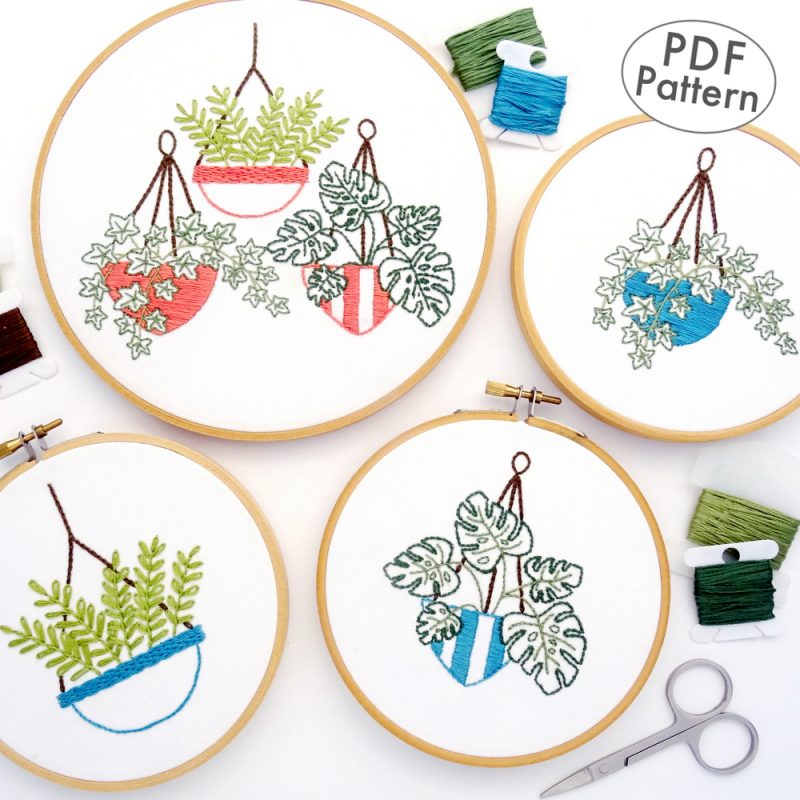 Hanging Plant Trio Hand Embroidery Pattern - Wandering Threads Embroidery