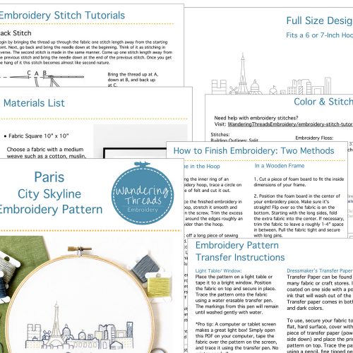 Paris City Skyline Hand Embroidery Pattern - Wandering Threads Embroidery