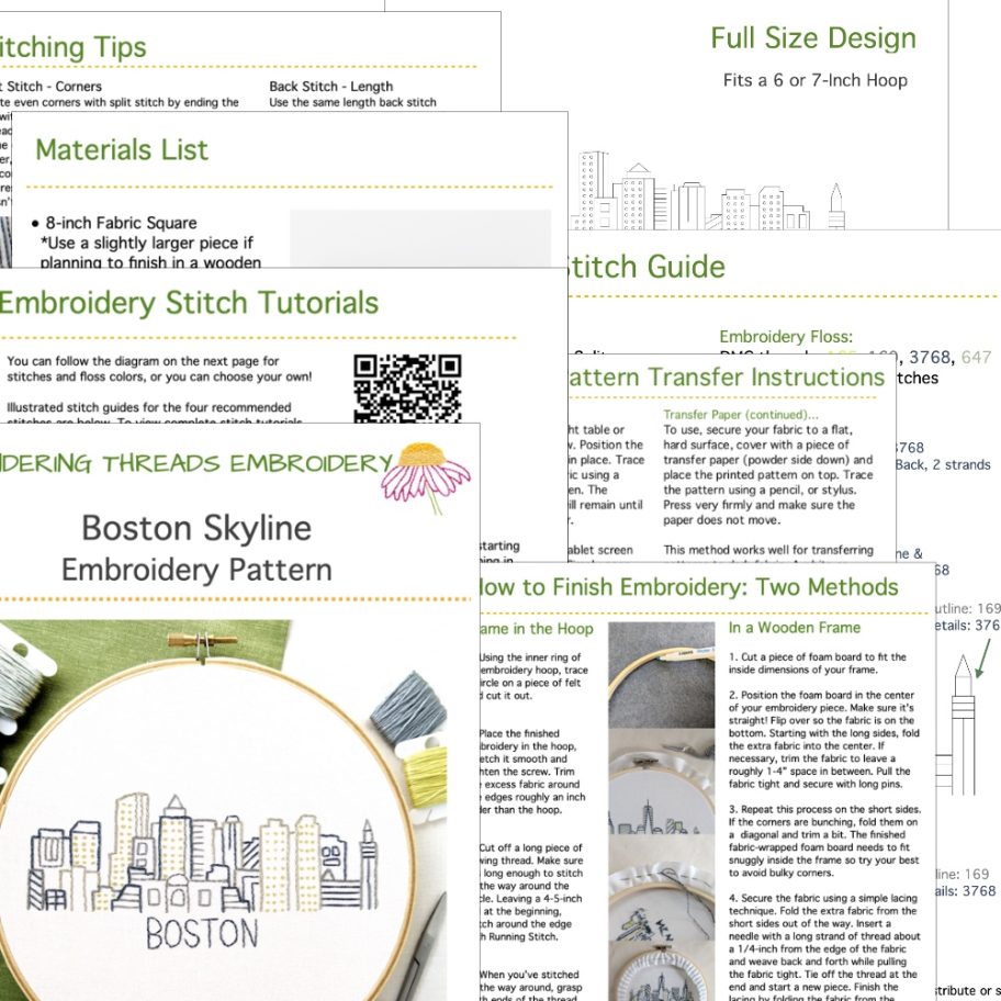 Boston City Skyline Hand Embroidery Pattern - Wandering Threads Embroidery