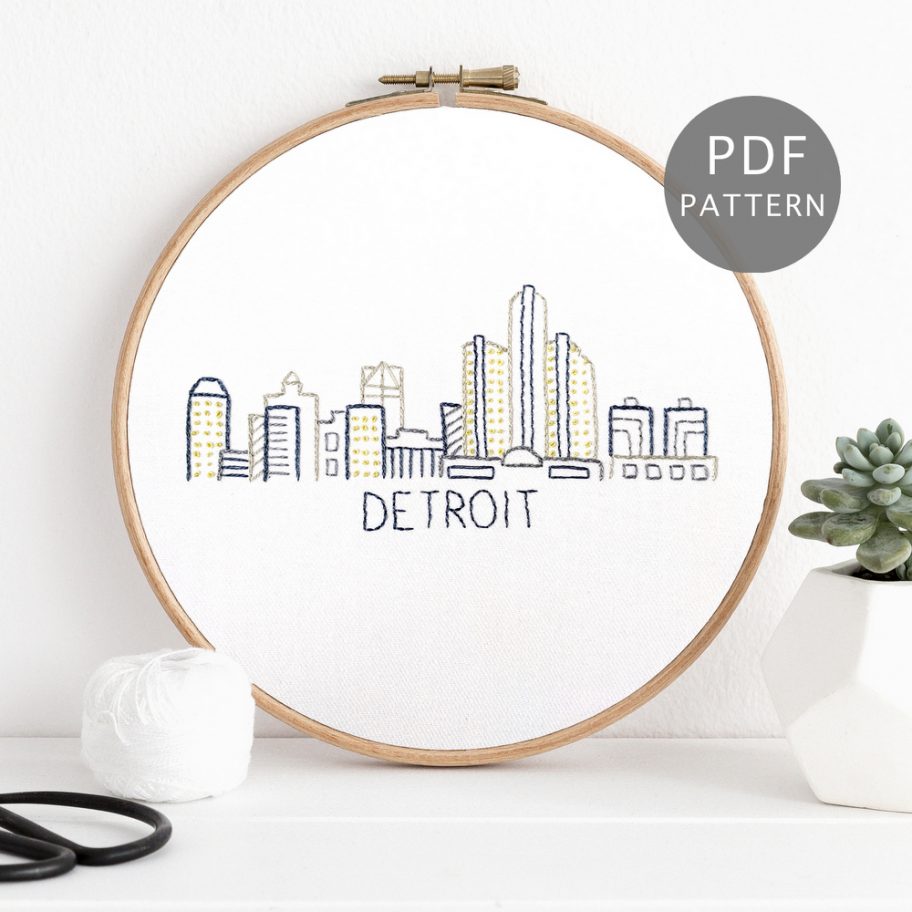 Detroit City Skyline Hand Embroidery Pattern - Wandering Threads Embroidery
