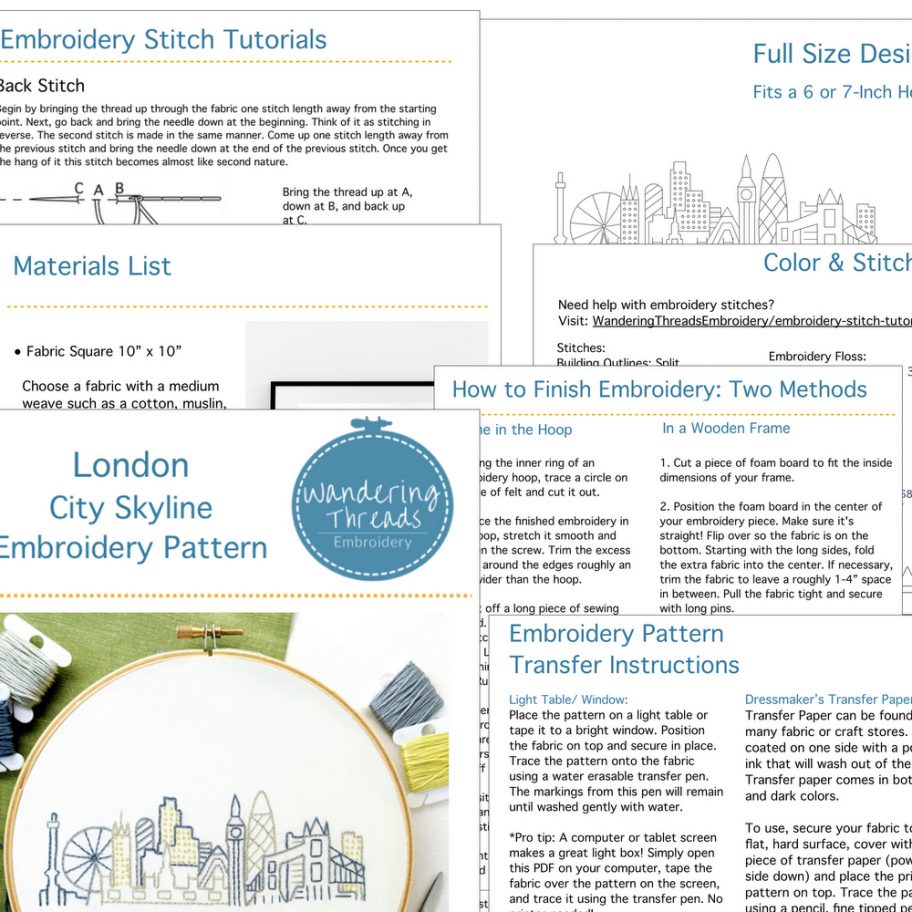 London City Skyline Hand Embroidery Pattern - Wandering Threads Embroidery