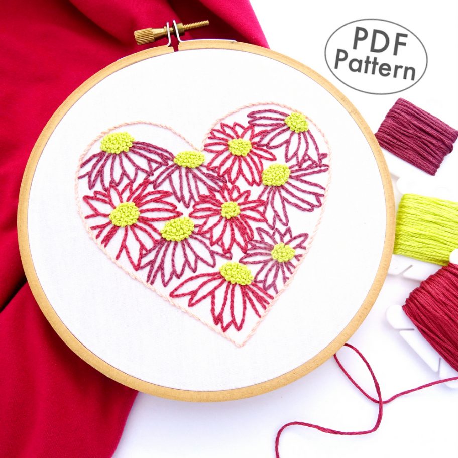 Flower Heart Hand Embroidery Pattern - Wandering Threads Embroidery