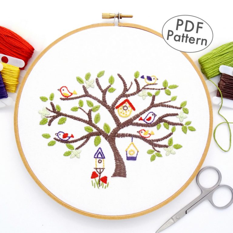 Birdhouse Tree Hand Embroidery Pattern - Wandering Threads Embroidery