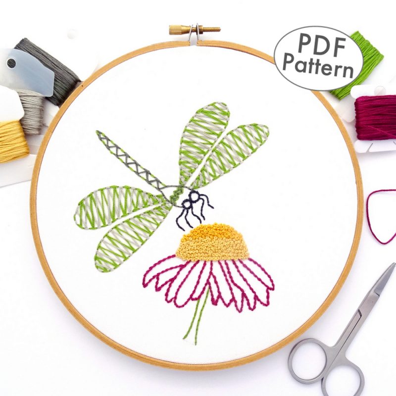 Chevron Dragonfly Hand Embroidery Pattern - Wandering Threads Embroidery